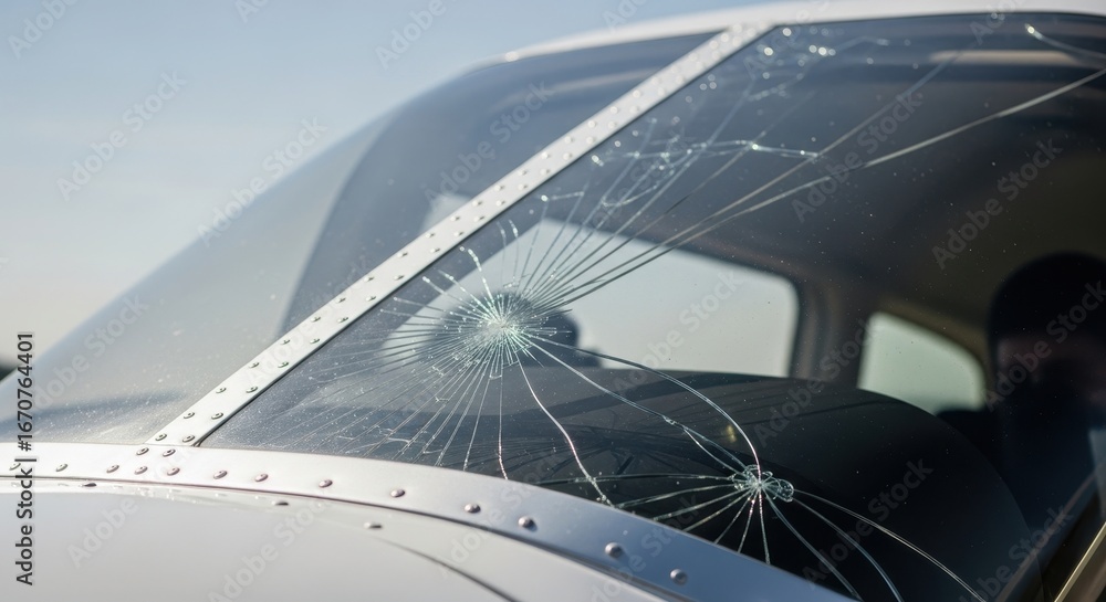 Damaged windshield of a private aircraft at an airport. Cracked glass ...