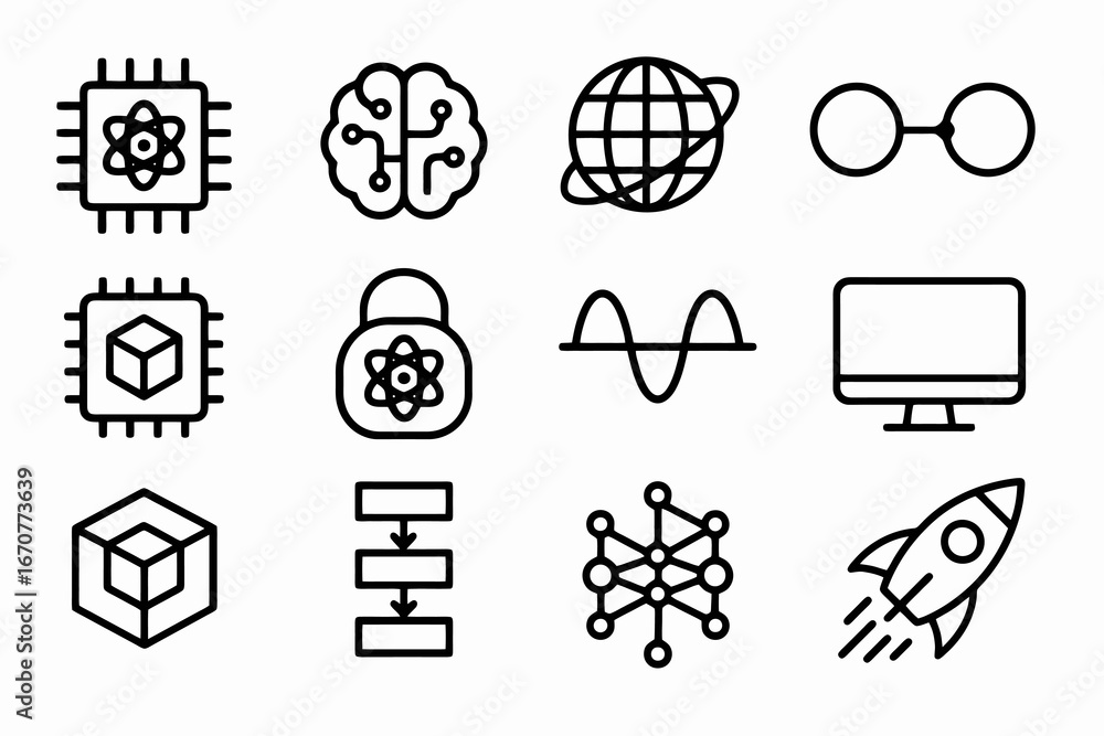 Set of 12 black quantum computing and AI icons in flat vector style ...