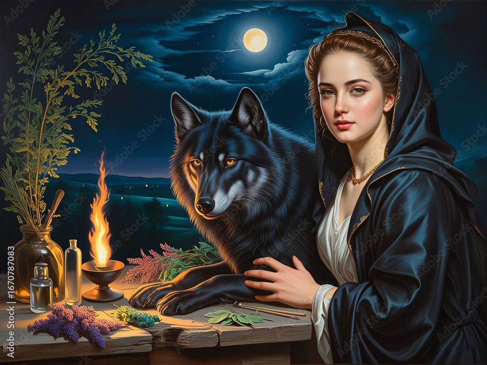 Ilustración de Stock Hecate goddess of magic, the moon, animals ...
