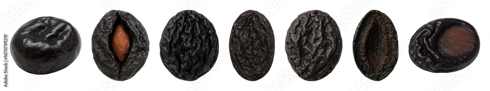 Prune set including whole, split showing pit, and wrinkled textured ...