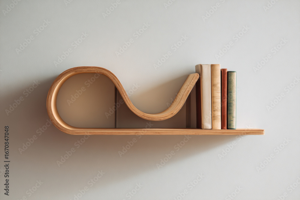 Unique curved wooden bookshelf with books against a minimalist ...