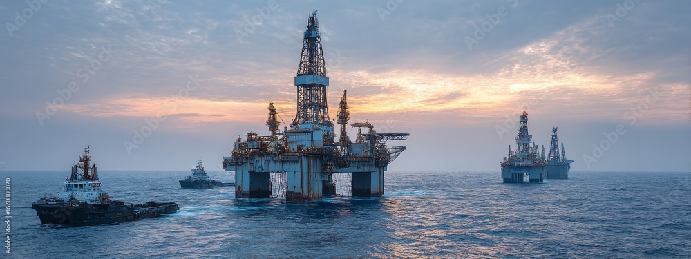 Offshore jack up rig and tow vessels during the rig move operation at ...