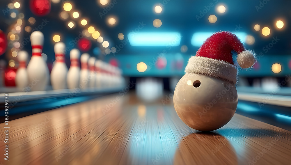A festive bowling scene featuring a bowling ball wearing a Santa hat ...