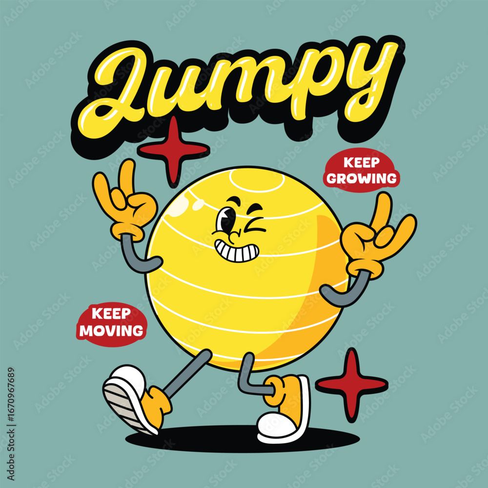 Cartoon yellow Gym Ball character winking, walking, and throwing rock ...