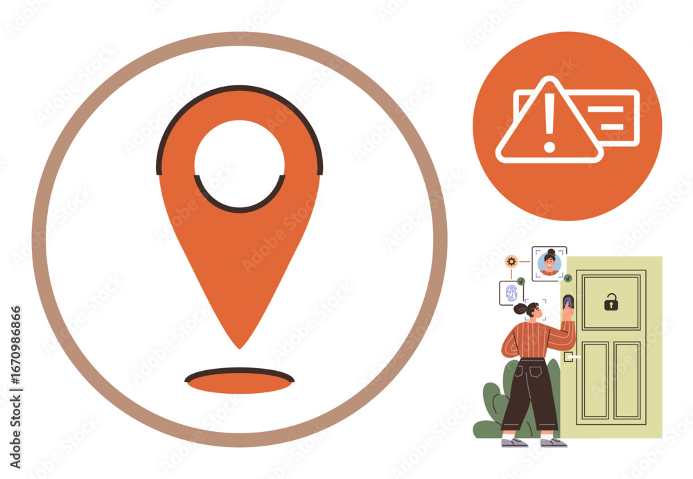 Geolocation marker, warning alert triangle, person verifying identity ...