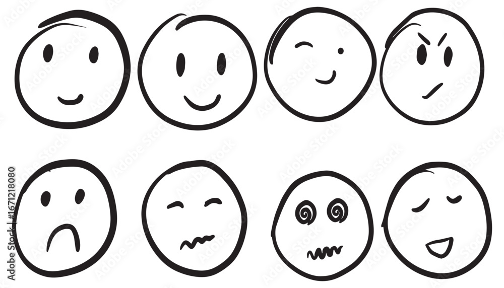 Abstract round comic faces. Emotions set. Crayon drawing black color ...