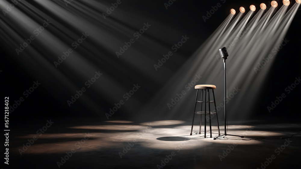 Spotlight on Stage with Stool and Vintage Microphone Ready for ...