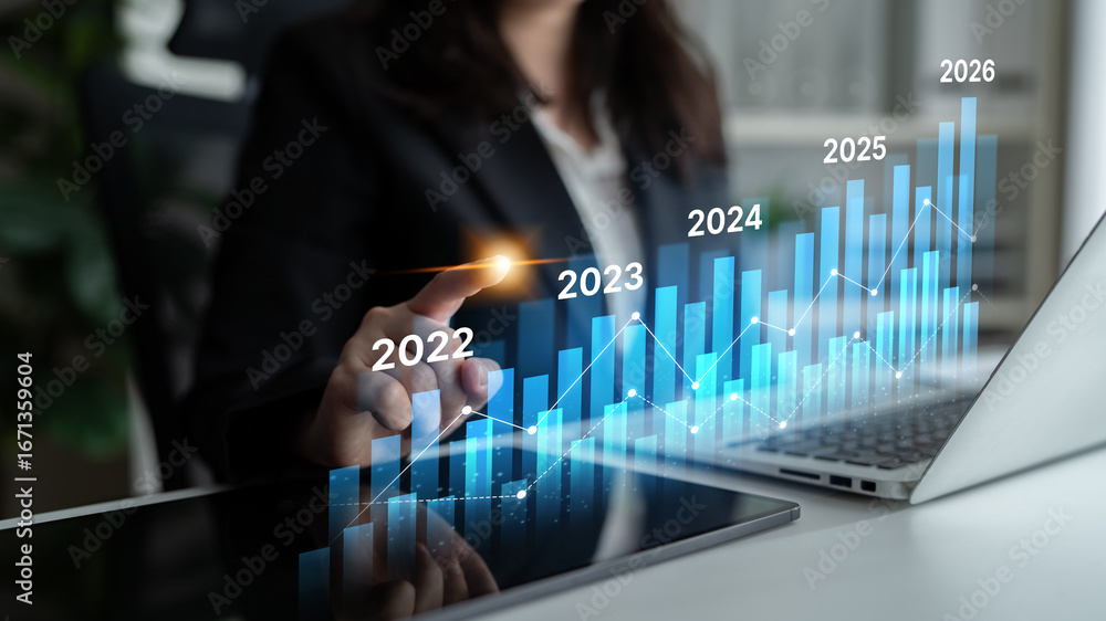 Stockfoto Business bar chart and line graph showing yearly business growth from 2022 to new year ...