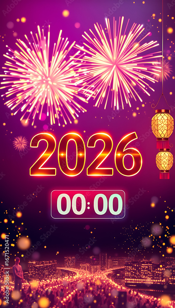 Spectacular fireworks light up the night sky celebrating the arrival of 2026 with a crowd ...