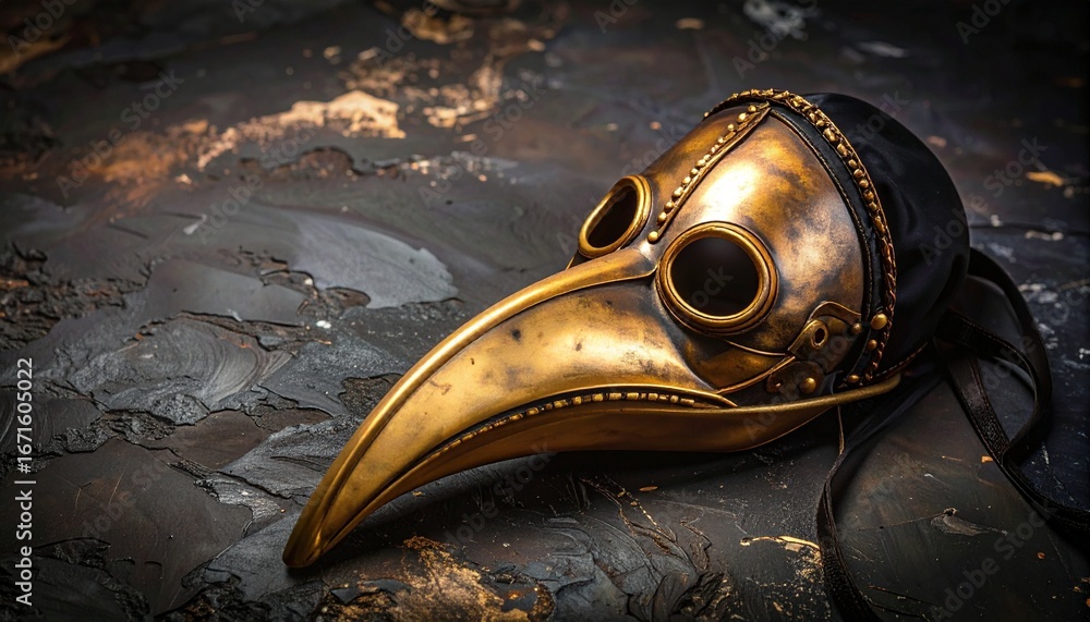Antique plague doctor mask with a long beak, a symbol of historical ...