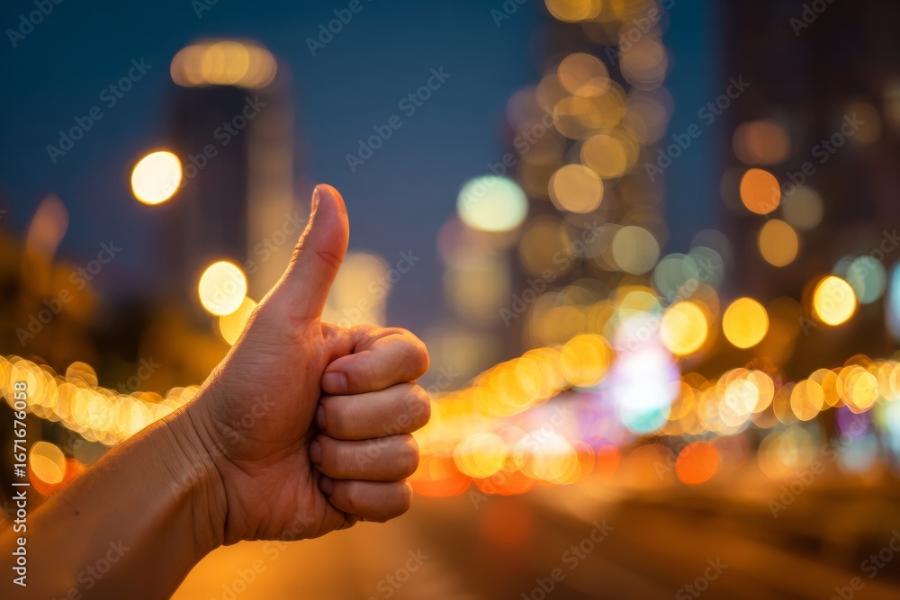 Hand showing thumbs up sign of appreciation in blurry city at night ...