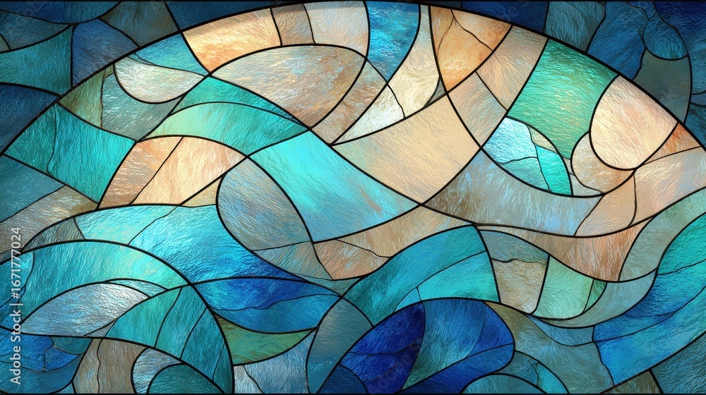 Abstract stained glass artistry depicting waves. Blues, greens, and tan ...