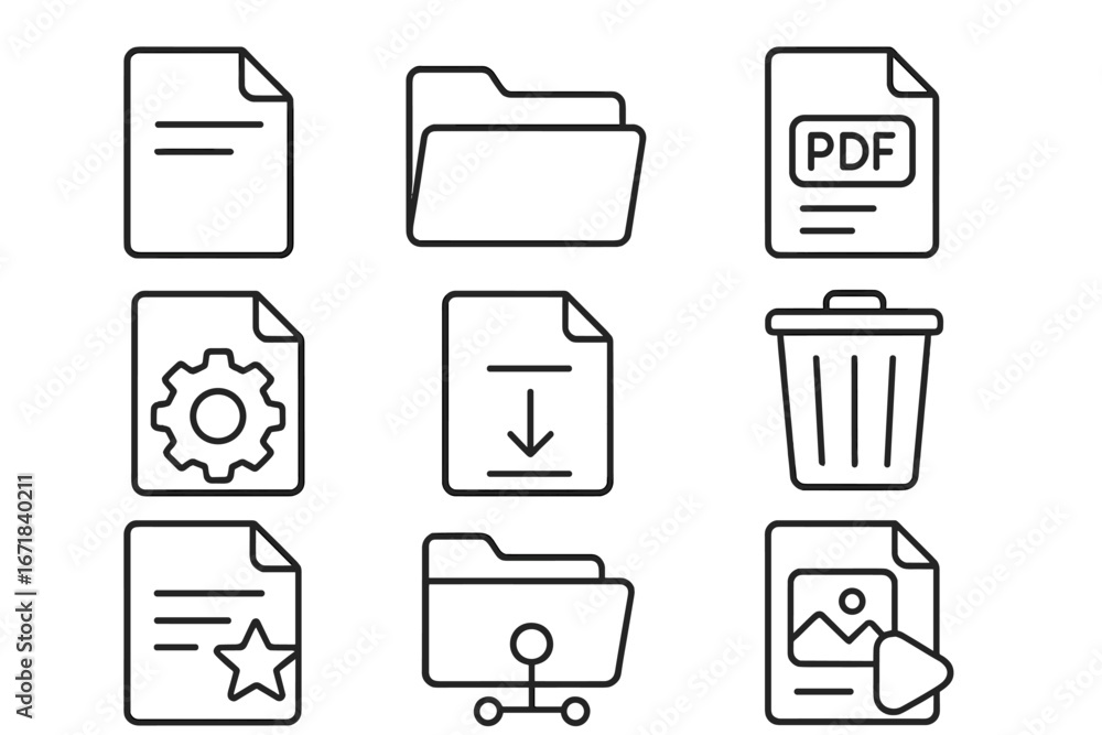 Vetor File management line icon set. Document, folder, PDF, and media ...