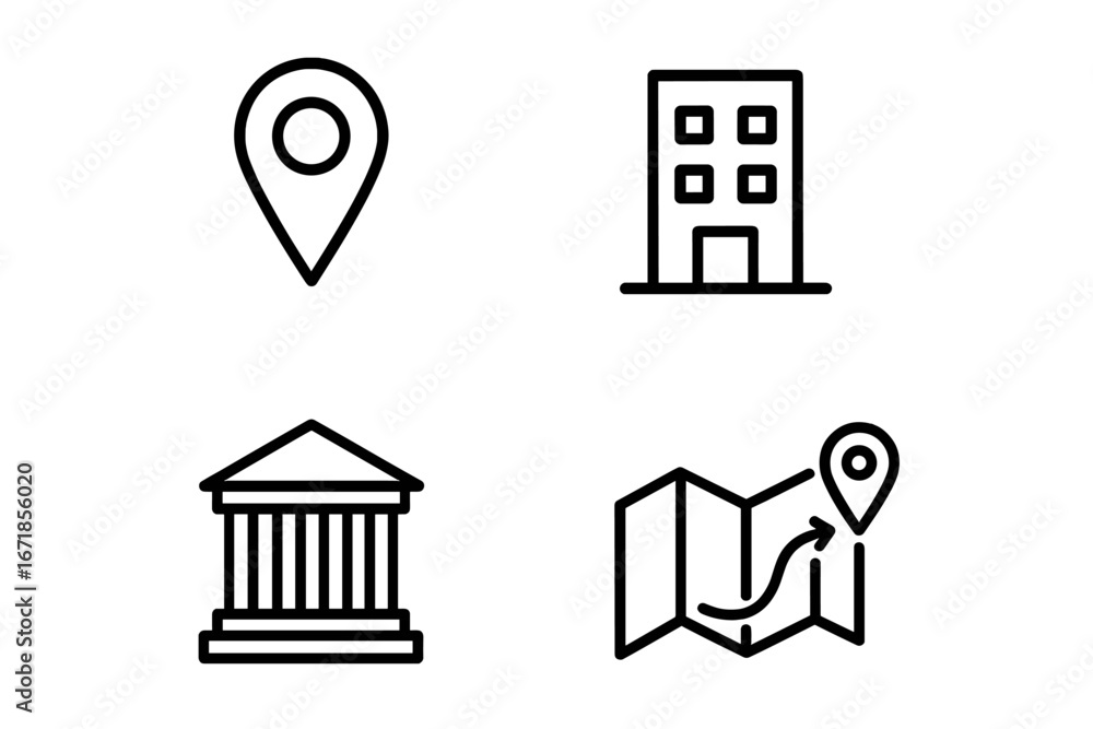 Location and navigation line icon set. GPS marker, map route, office ...