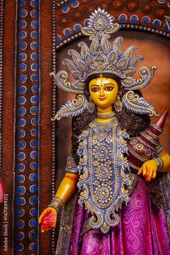 Subho mahalaya, An handmade idol of Goddess Durga decorated in colorful ...