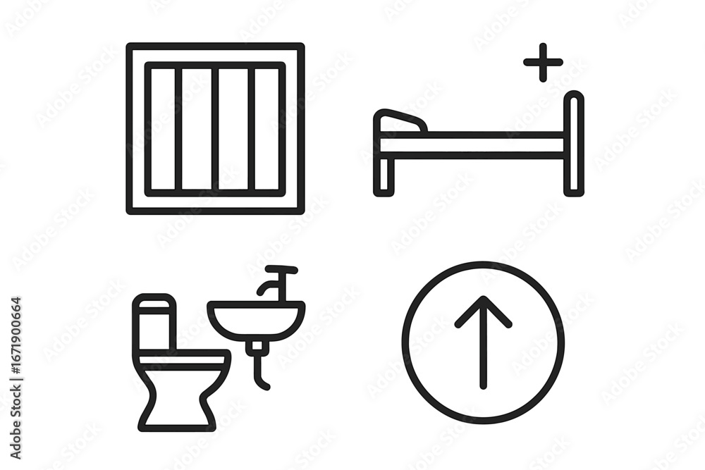 Prison improvement icon set. Barred window, medical bed, sanitary ...