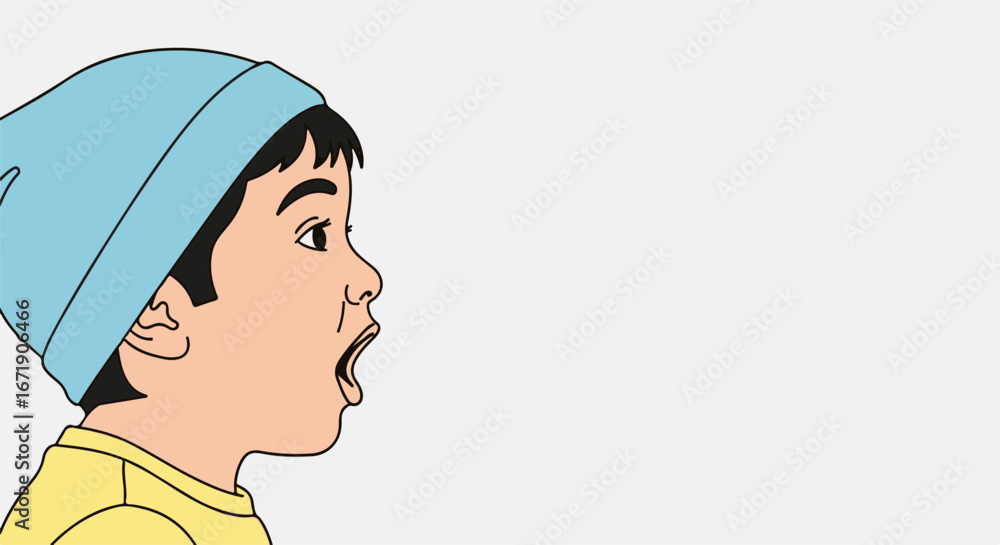 Boy shouting with surprised expression on clean background, showing an ...