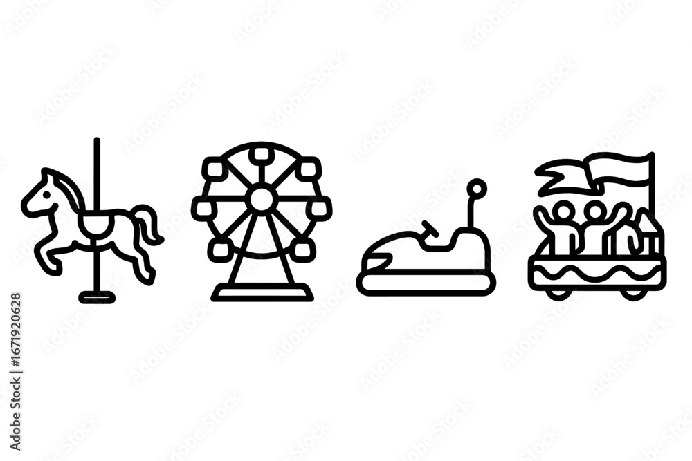 Carnival rides and amusement park line icon set. Funfair entertainment ...