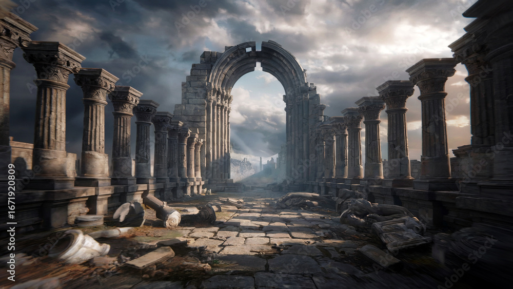 Ancient roman ruins with crumbling columns and a grand archway under a ...