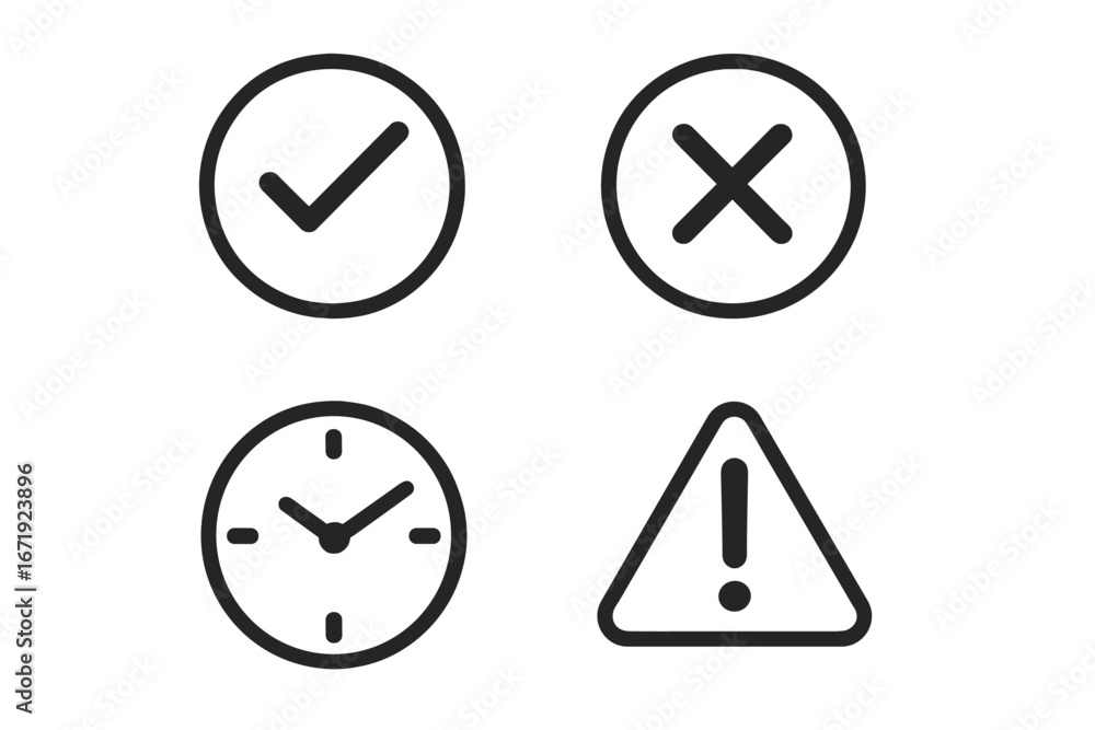 Check mark, cross, clock, warning icon set. Vector symbols for UI ...