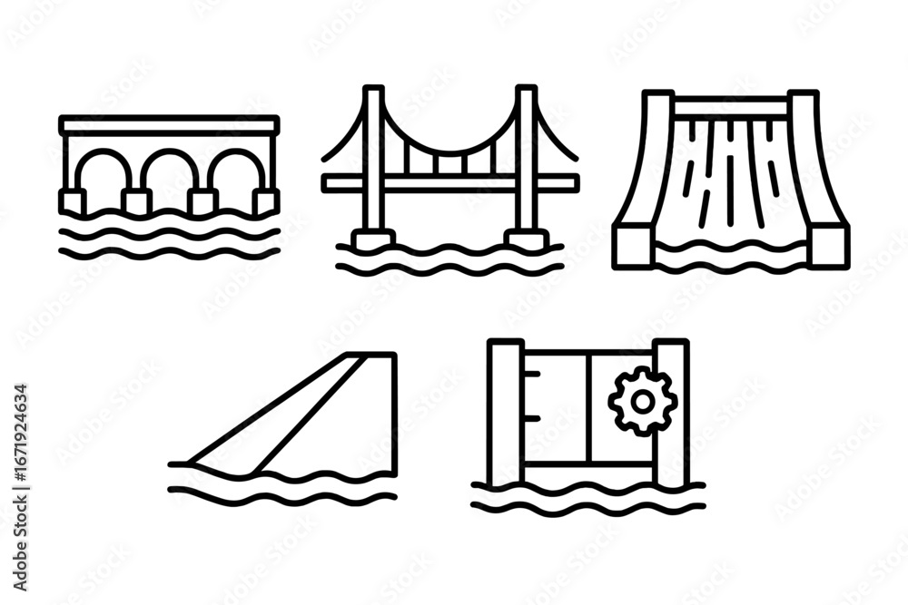 River Infrastructure Icons Outline Set with Stone Bridge, Suspension ...