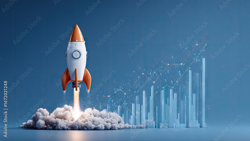 A rocket launching amidst a rising graph, symbolizing growth and ...