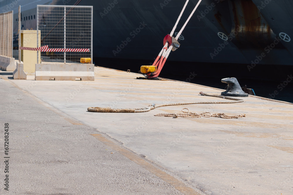 Mooring of a vessel in the port using mooring lines to a bollard on the ...