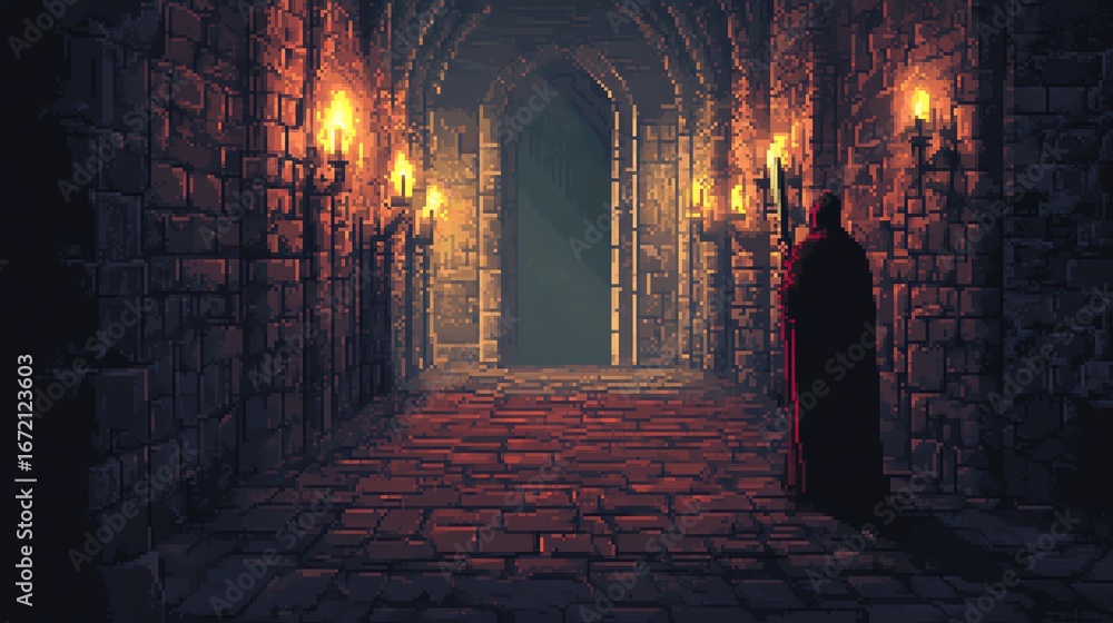 A captivating 8-bit pixel art knight stands ready with a sword in a ...