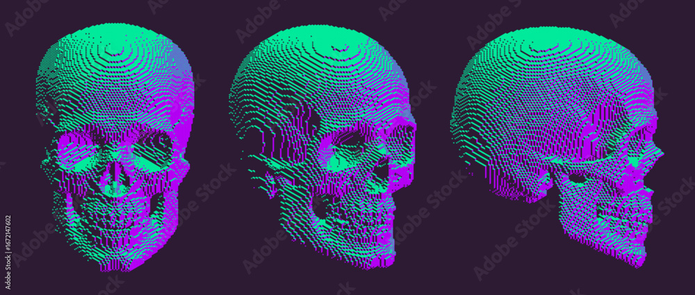 Human skull made of stacked voxel cubes showing people as data. Voxel ...