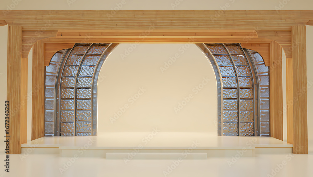 Architectural archway with wooden beams and metallic textured columns ...