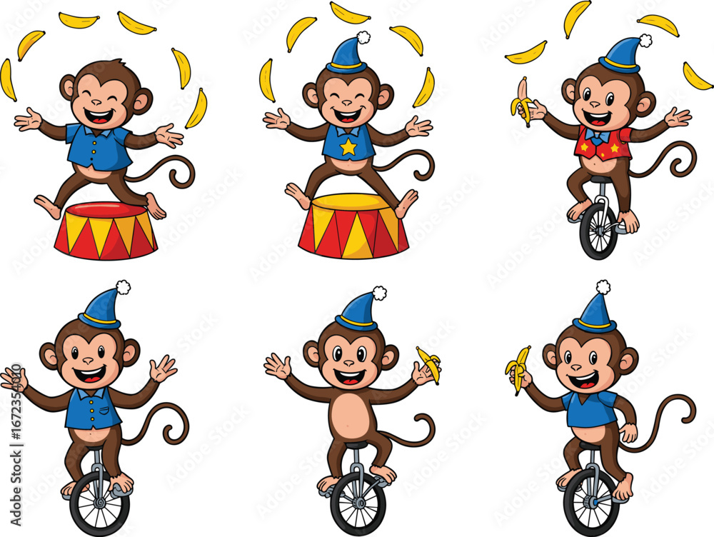 PrintCircus monkeys performing tricks, juggling bananas, riding ...