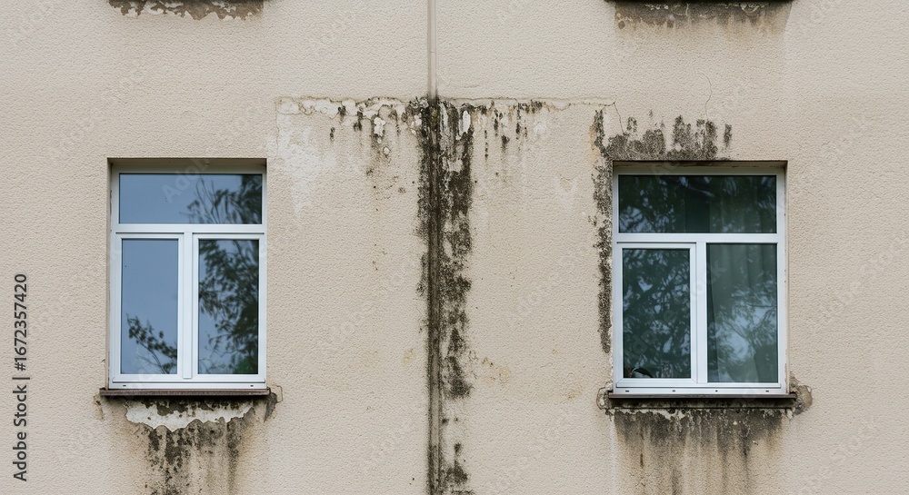 Identifying mold and water damage on building exterior near windows for ...