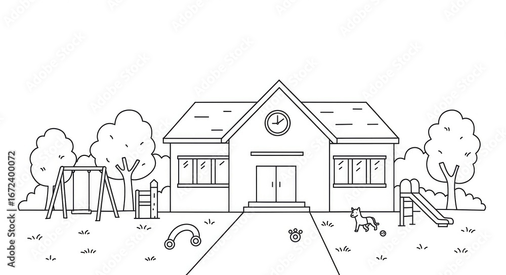 Simple line drawing of a school building with playground and trees ...