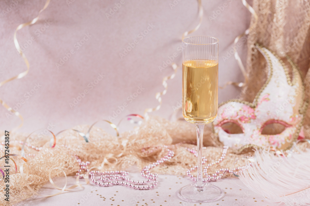 Masquerade ball holiday background. Glass of white champagne, Venetian ...