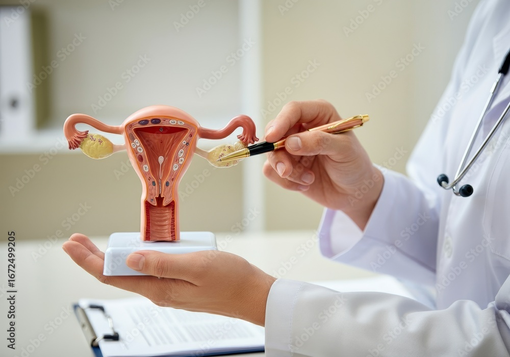 Doctor holding anatomical model of female reproductive system with ...