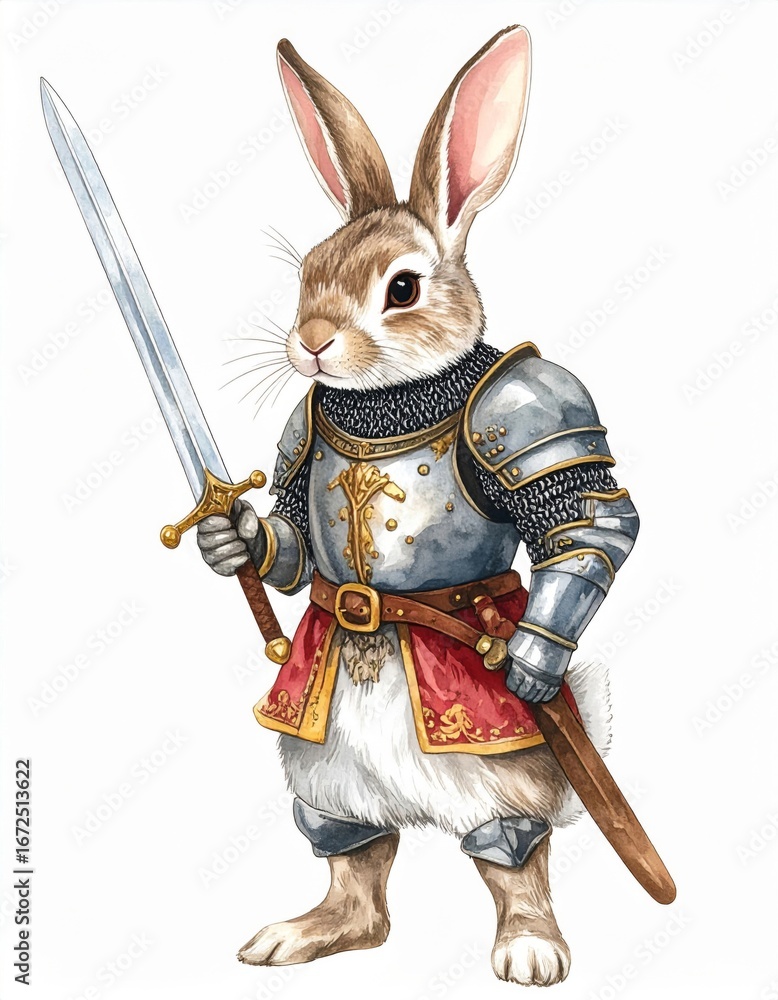 Rabbit Knight in Full Armor Holding Sword on White Background Fantasy ...