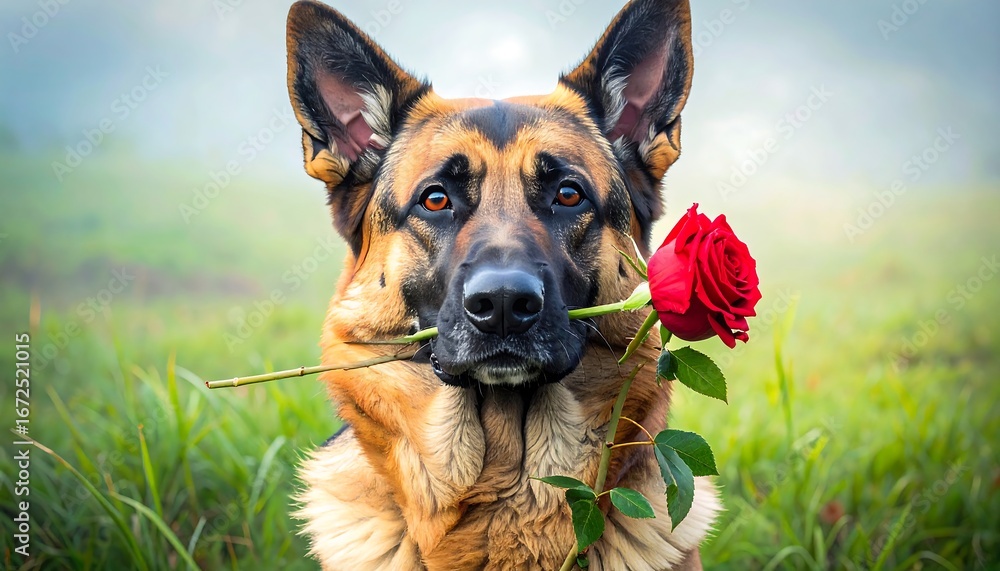 German Shepherd dog holding a red rose in its mouth in a field of tall ...