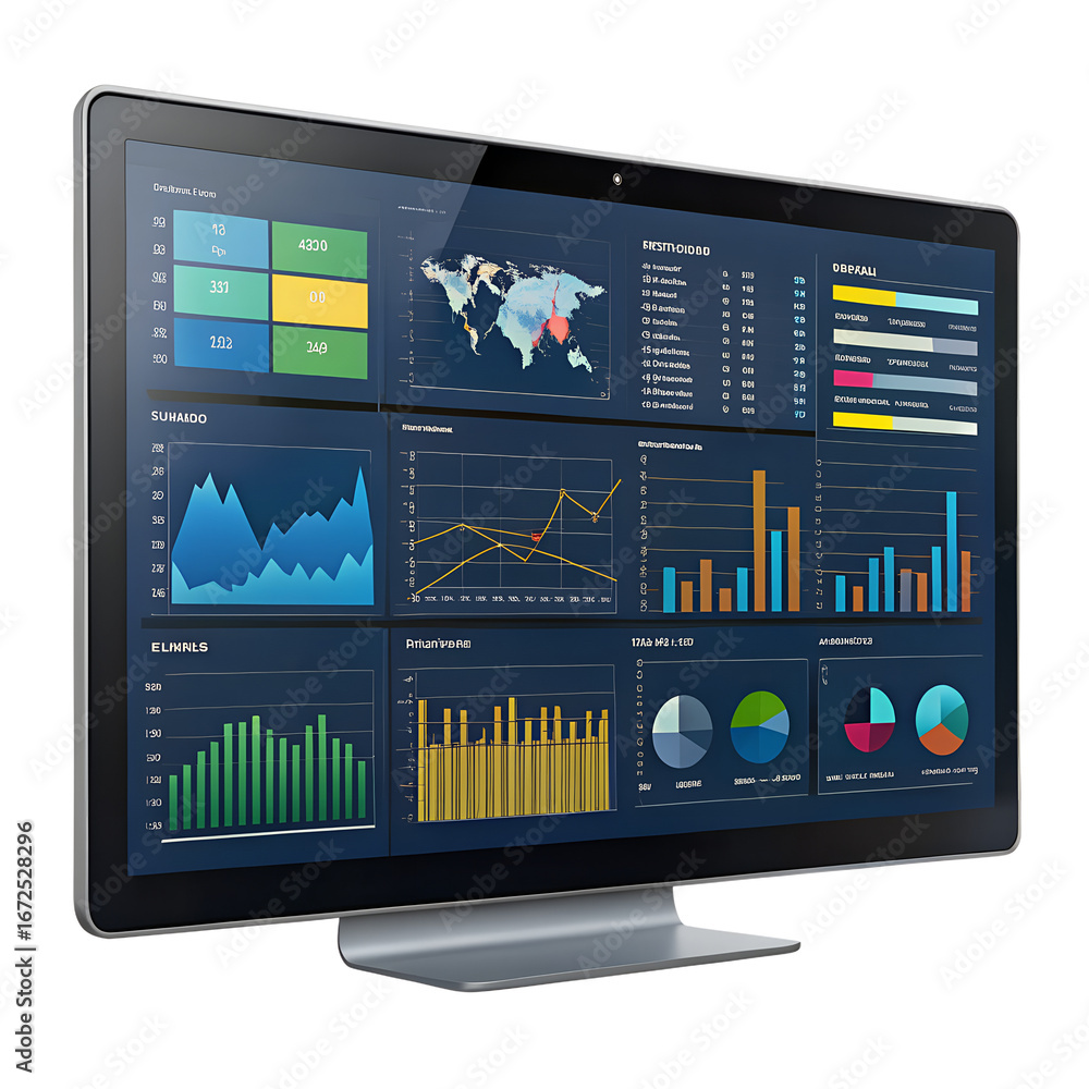 Modern computer monitor displays complex data visualizations and business analytics dashboards ...