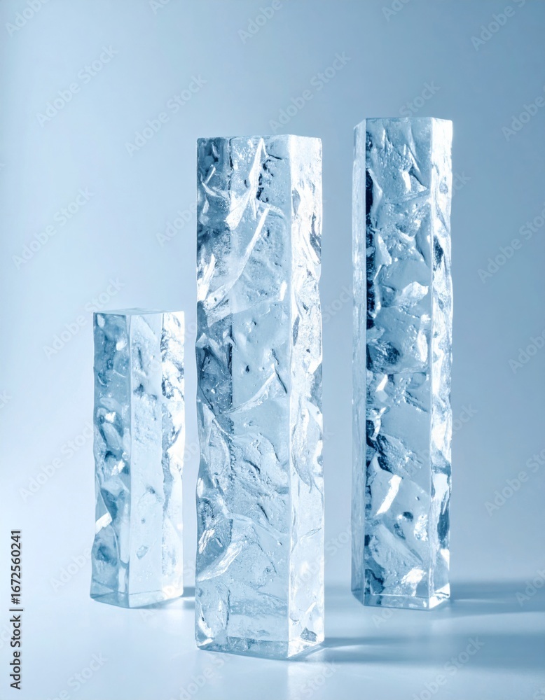 Three Ice Hexagonal Prism Columns Arranged Vertically on a Soft Blue ...