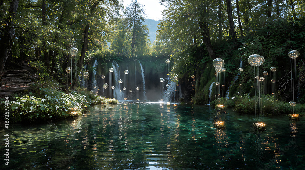 Tranquil forest waterfall with glowing orbs and serene water ...