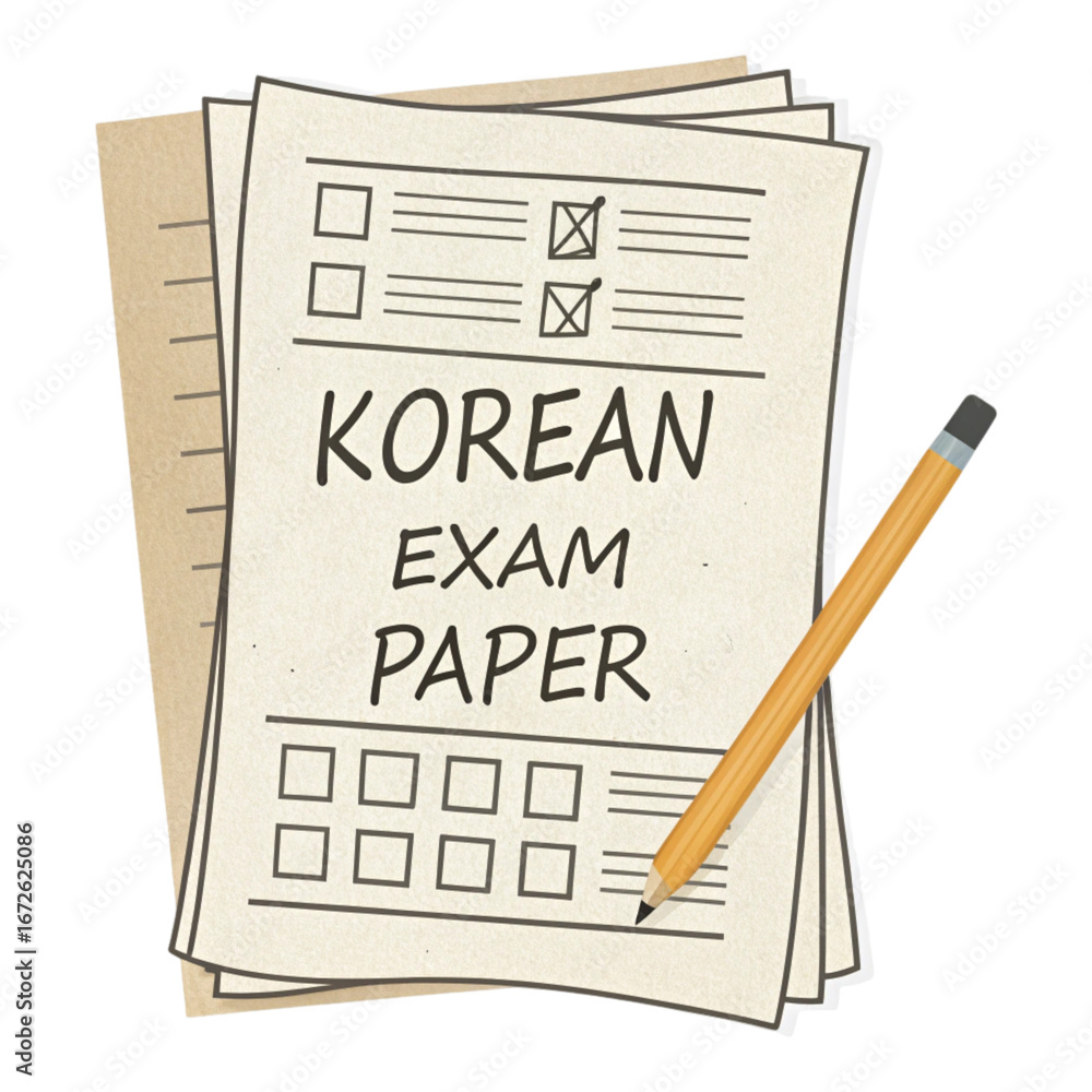A stack of korean exam papers with checkmarks and a pencil resting on ...
