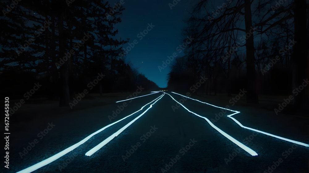 Illuminated road at night with glowing white lines cutting through the ...