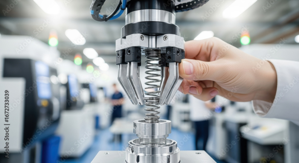 Engineer adjusts robotic arm with precision grip in high tech ...