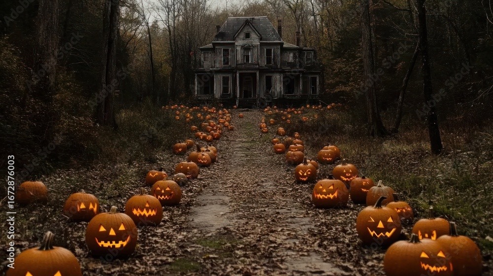 Haunted house Halloween path with jack-o'-lanterns Stock Illustration ...