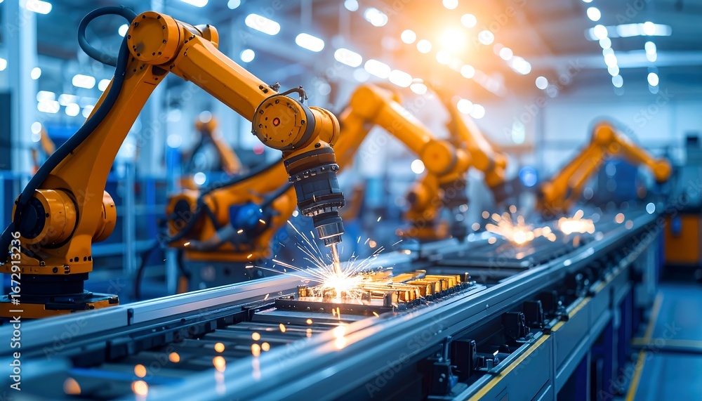 Automated robotic welding line in a factory Stock Photo | Adobe Stock