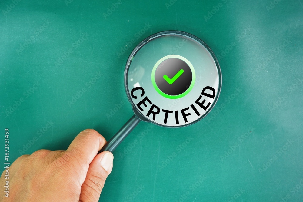 Magnifying glass and the word certified with a check mark and a green ...