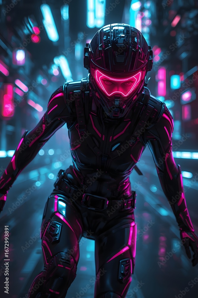 Futuristic cyber athlete in neon glowing suit racing at high speed ...