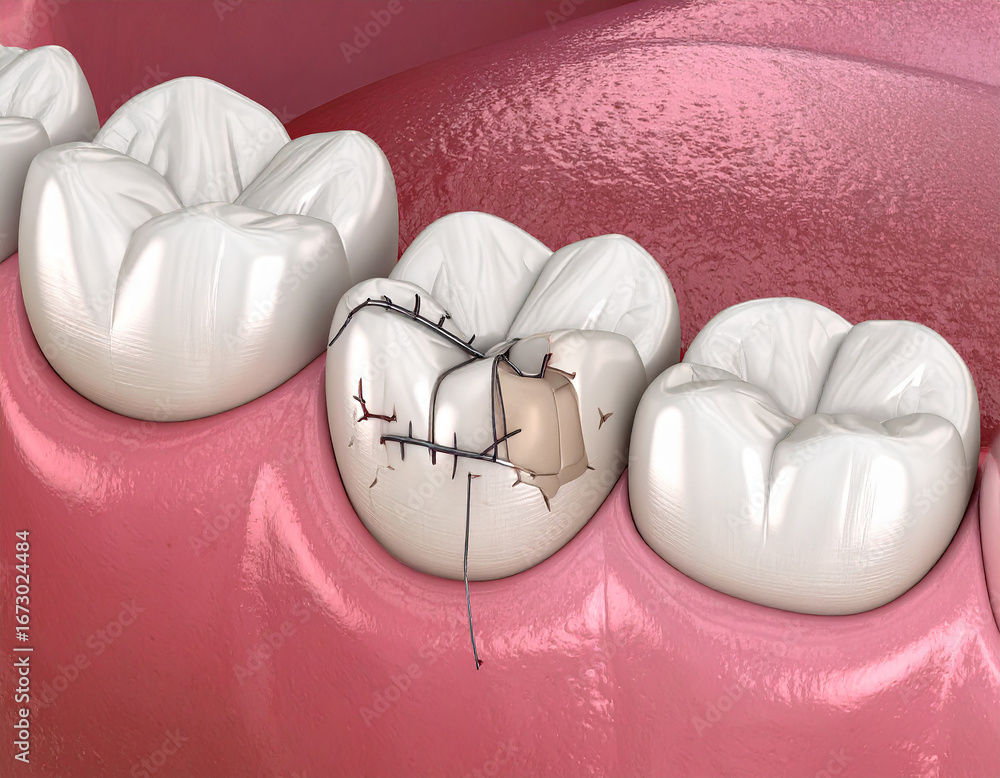Stitches in gum after tooth extraction. 3D illustration of dental ...