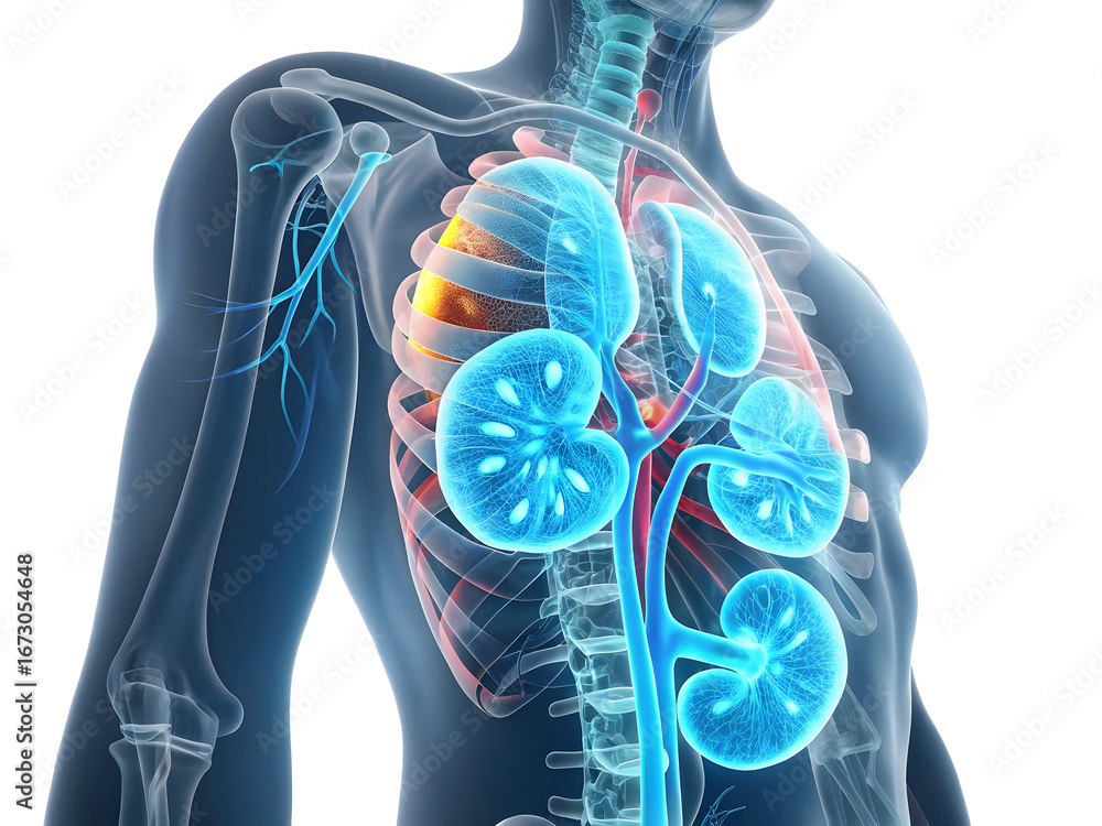Human renal system internal organs detailed illustration anatomy kidney ...