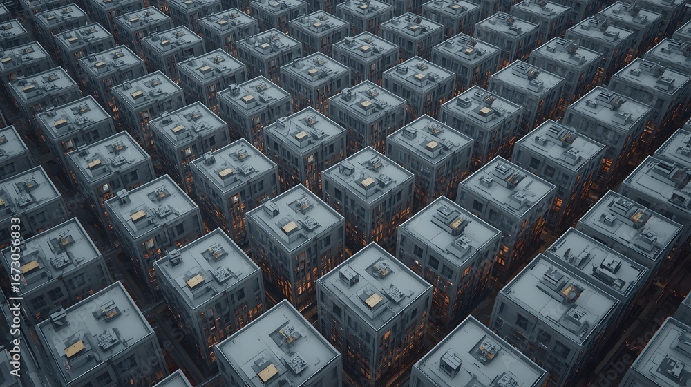Aerial view of repetitive dark urban housing blocks with illuminated ...